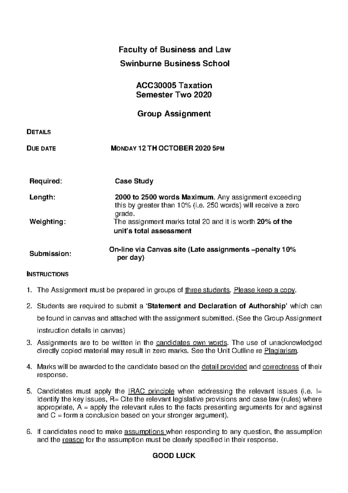 ACC30005 S2 2020 Group Assignment - Warning: TT: undefined function: 32 Faculty of Business and ...