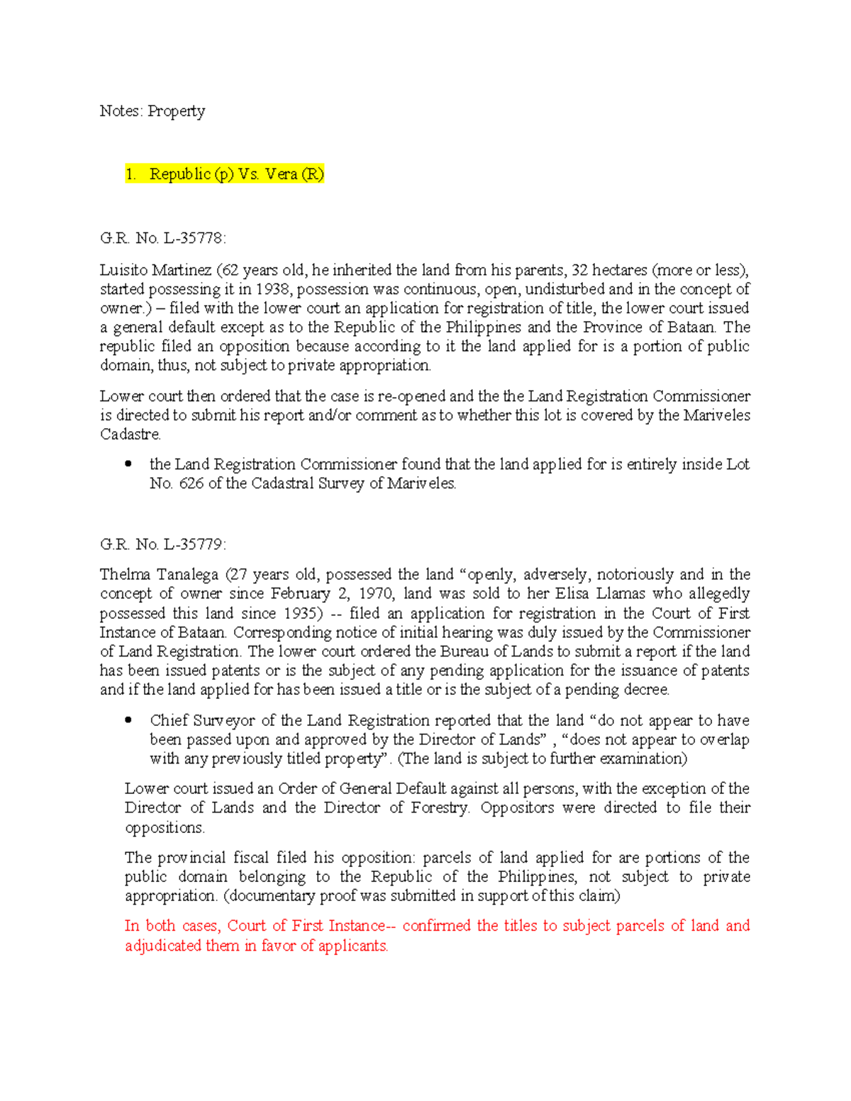 Notes-property - Cases on property law - Notes: Property 1. Republic (p ...
