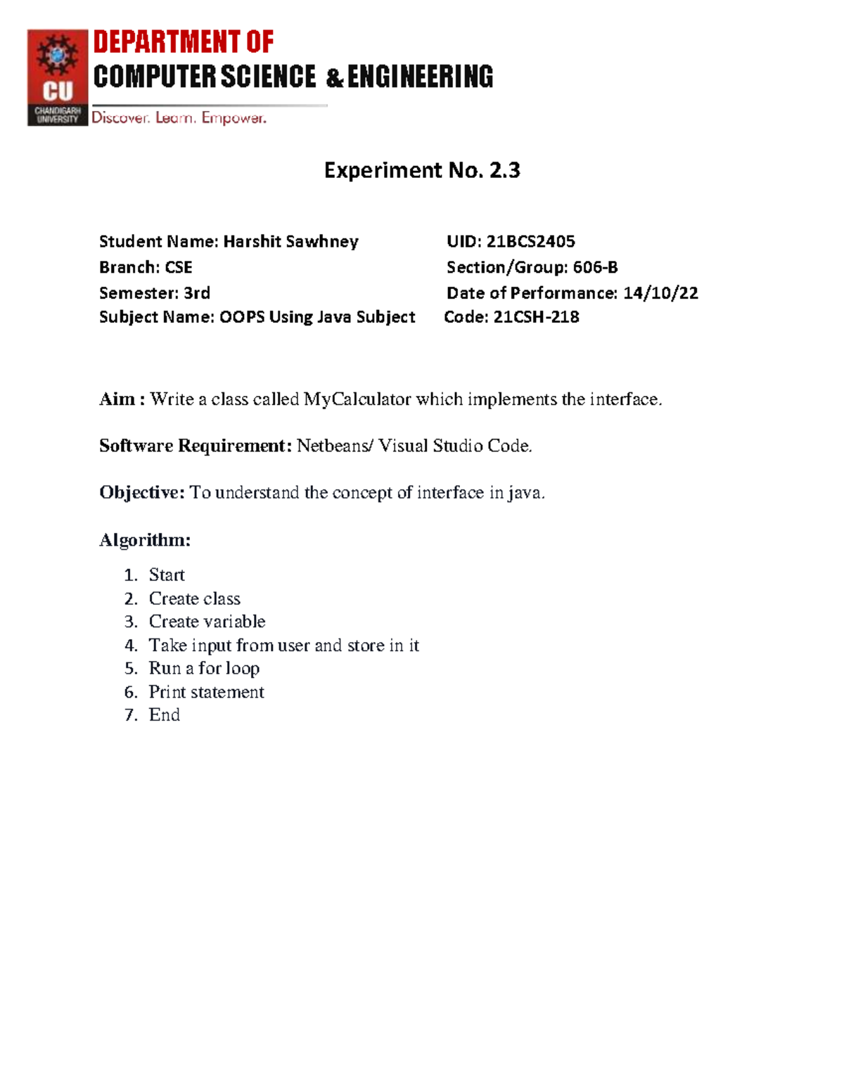 Java 2.3 new - Nothing - DEPARTMENT OF COMPUTER SCIENCE & ENGINEERING Experiment No. 2. Student ...