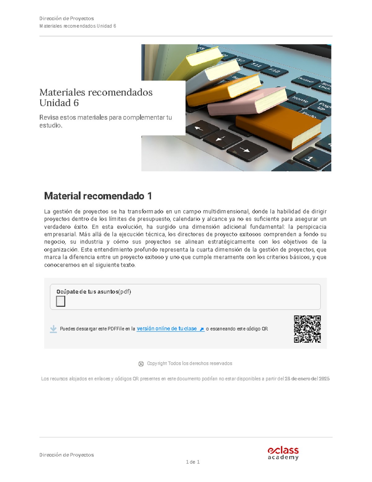 Direccion de Proyectos Materiales recomendados Unidad 6 - Dirección de ...