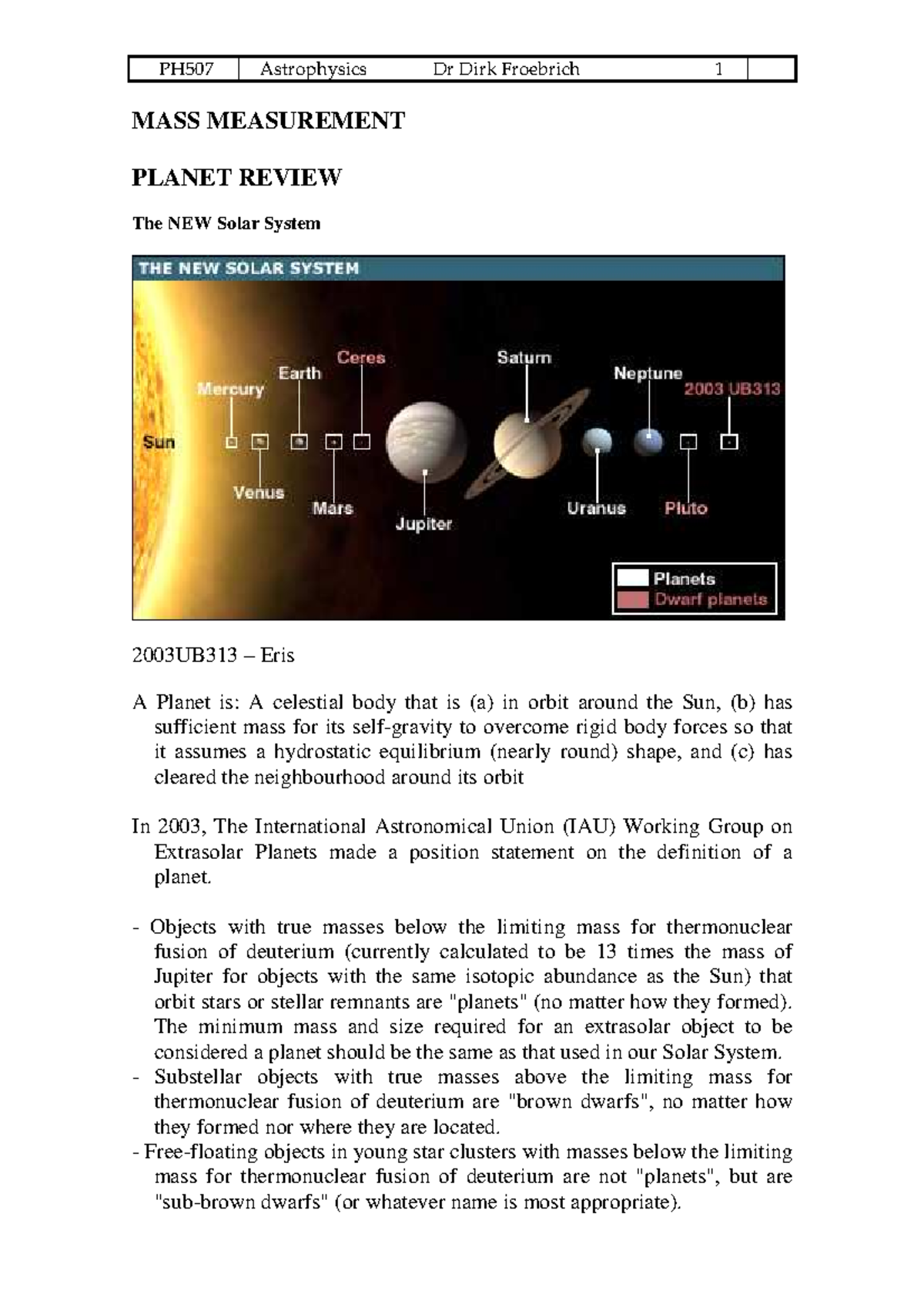 Astrophysics: Mass Measurement and Planet Review - Studocu