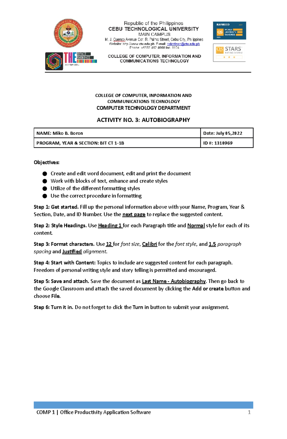 Boron Autobiography - ..... - COLLEGE OF COMPUTER, INFORMATION AND ...