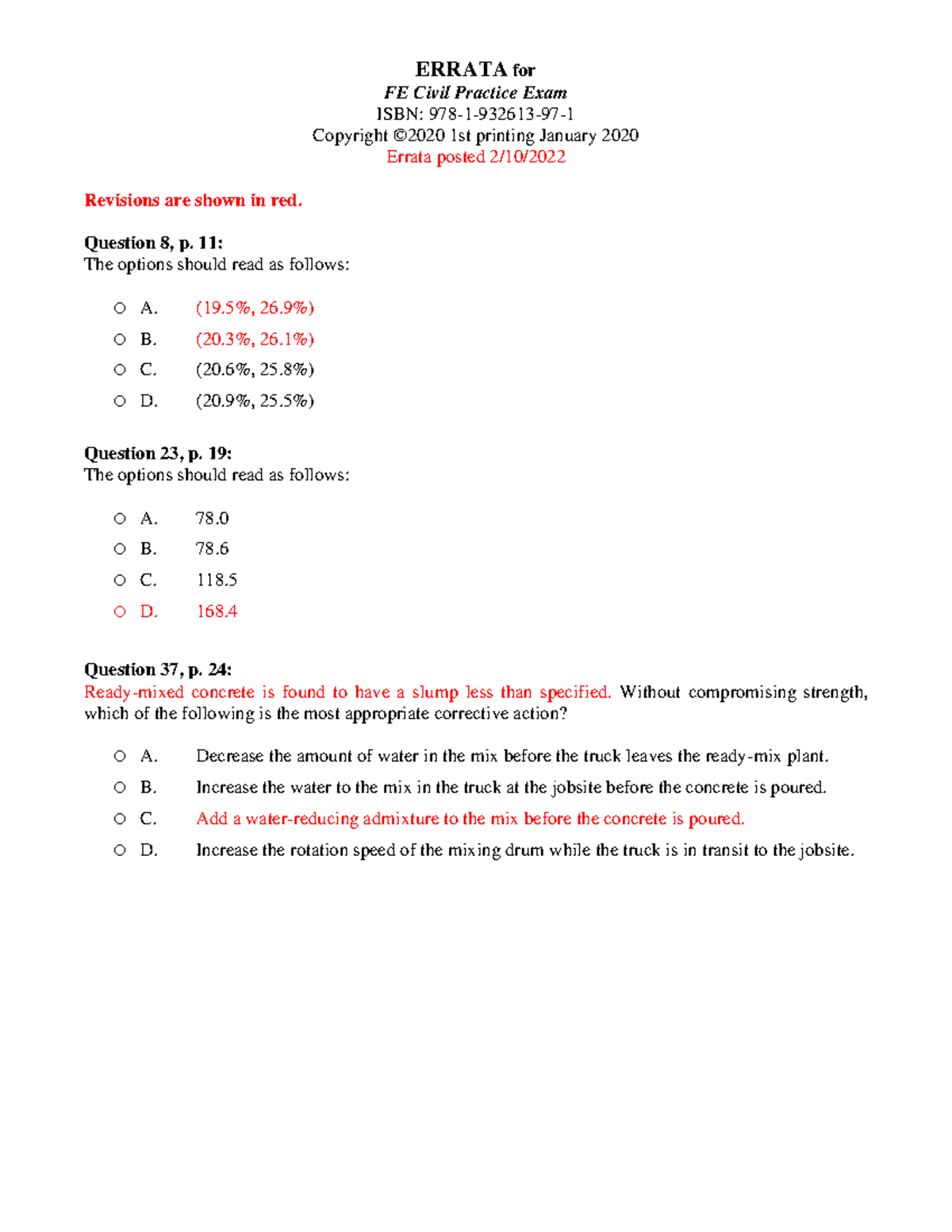FE Civil Practice Exam Errata - Studocu