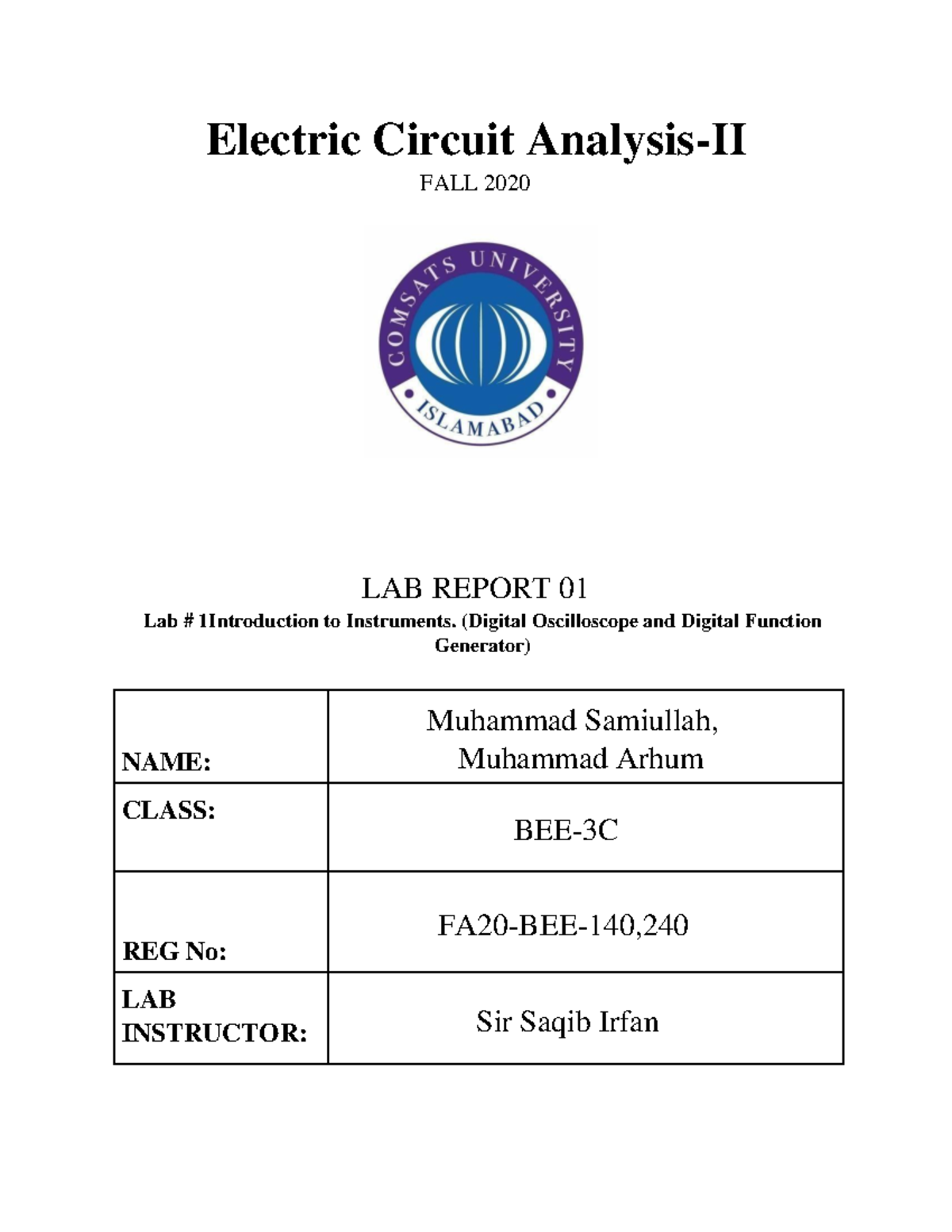 ECA II Lab no01 - Electric Circuit Analysis-II FALL 2020 LAB REPORT 01 ...