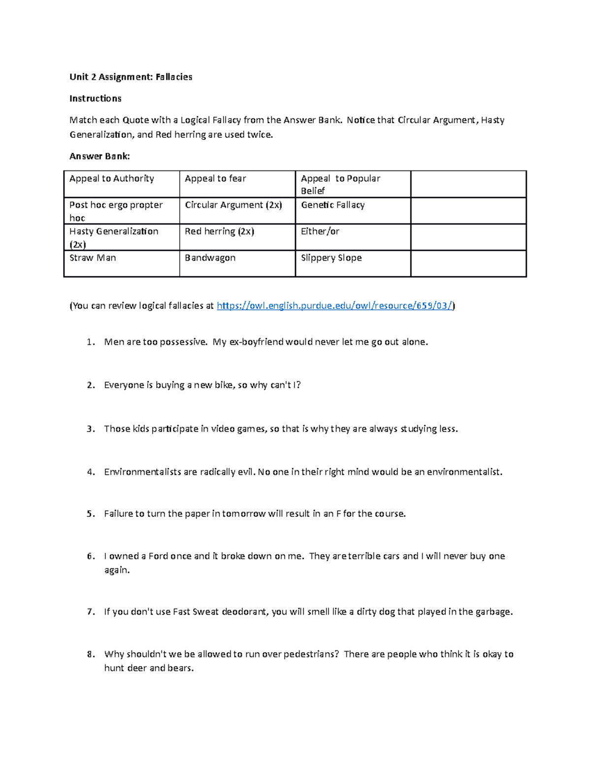 ENG120 Unit2 Logical Fallacy Assignment - Unit 2 Assignment: Fallacies ...