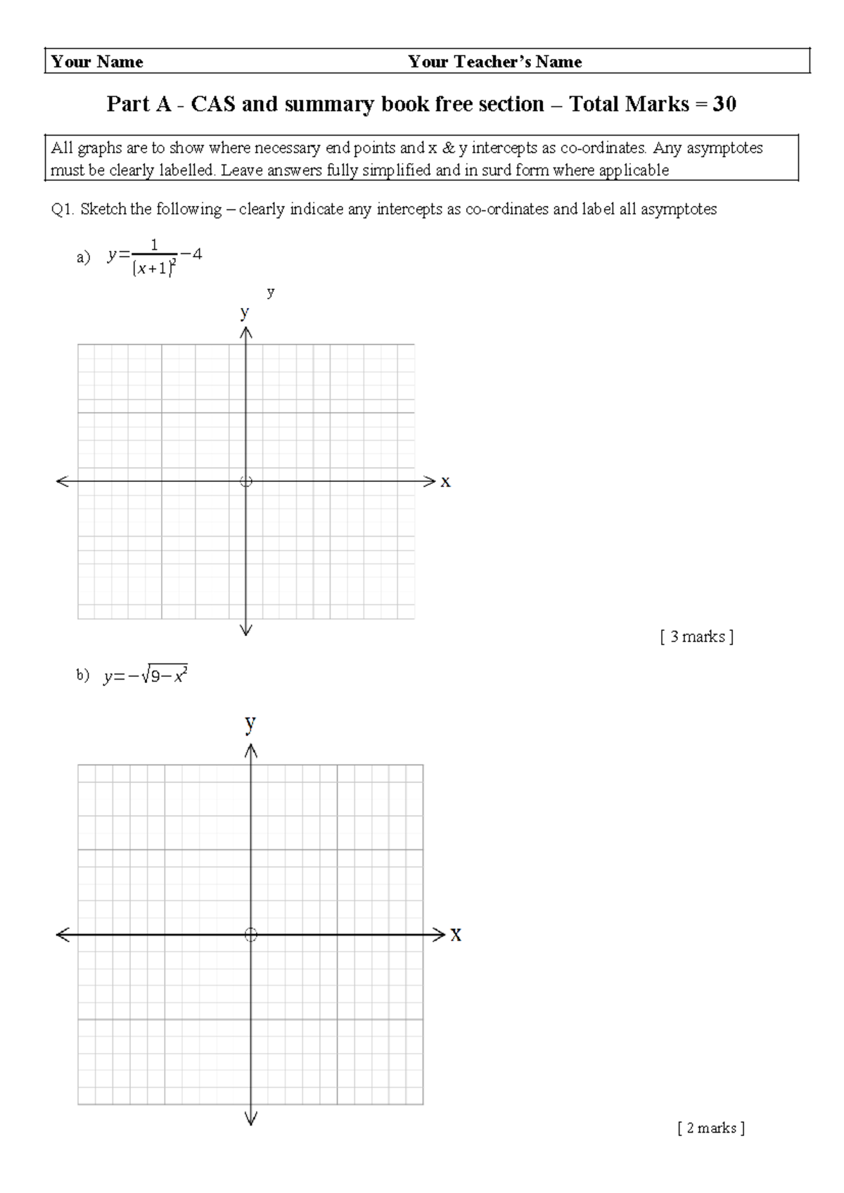 2015 TGC Sem 1 Math Methods Exam 1 - Your Name Your Teacher’s Name Part ...