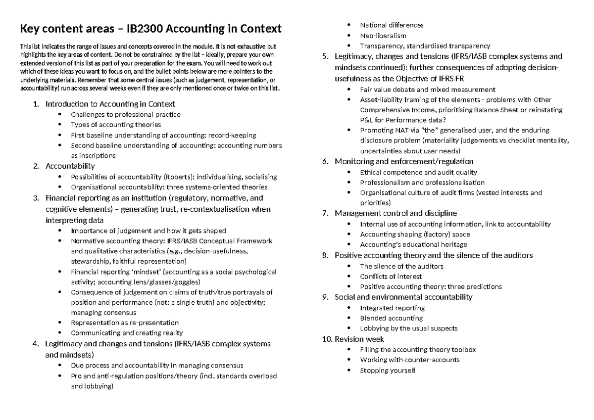 IB230 0 Core Concepts 22-23 - Key content areas – IB2300 Accounting in ...