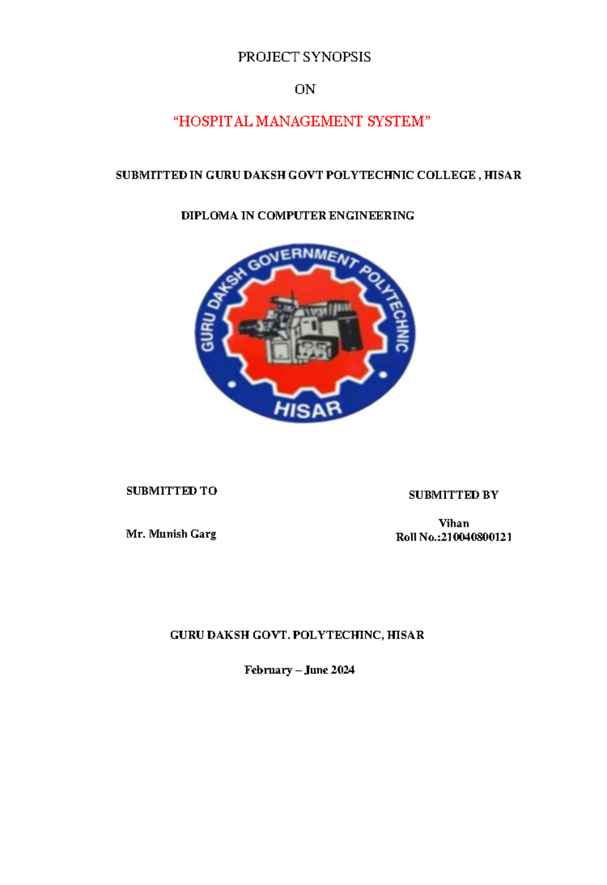 Hms - PROJECT SYNOPSIS ON “HOSPITAL MANAGEMENT SYSTEM” SUBMITTED IN ...