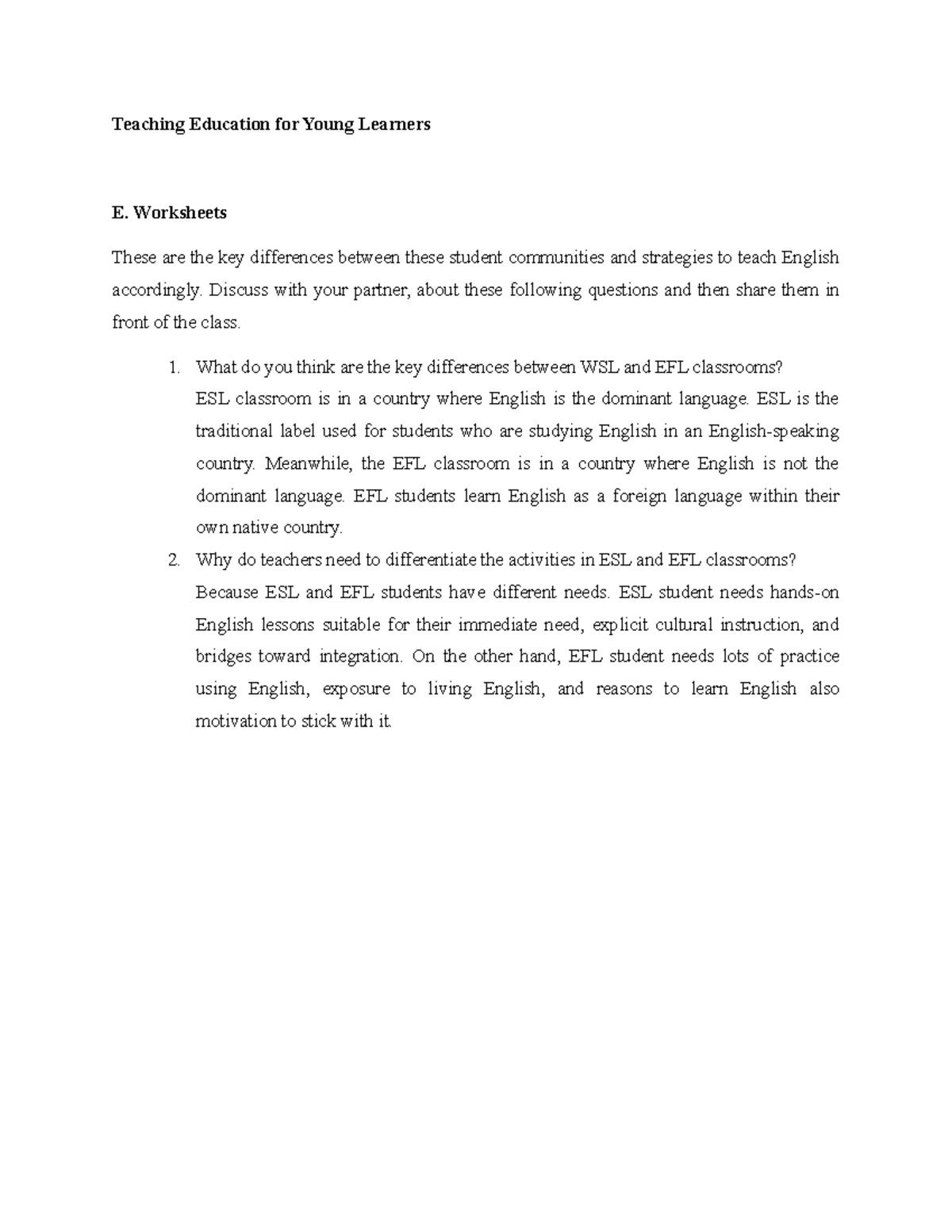 TEYL 1 - Practice - Teaching Education for Young Learners E. Worksheets ...