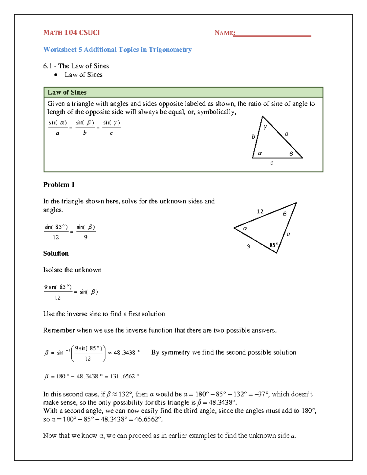 Worksheet Chapter 6 - Practice - MATH 104 CSUCI NAME ...