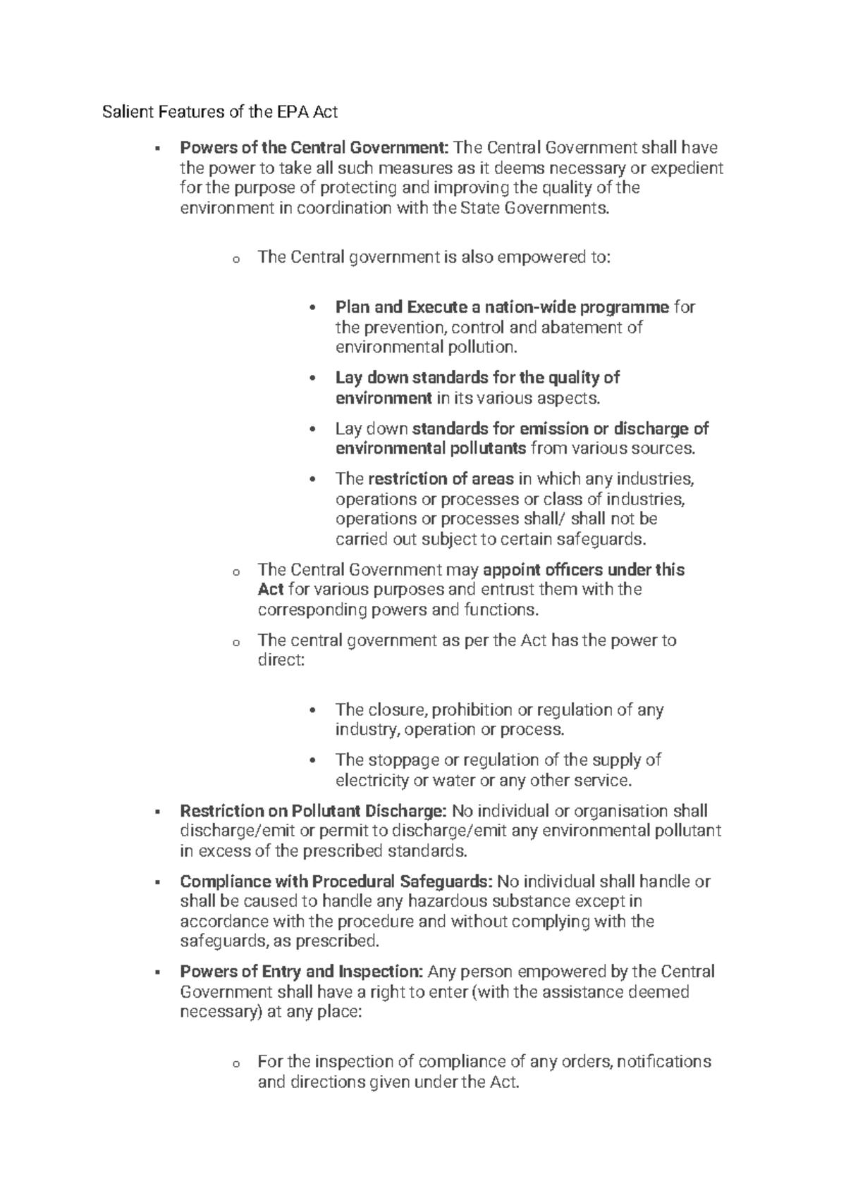 Salient Features of the EPA Act - o The Central government is also ...