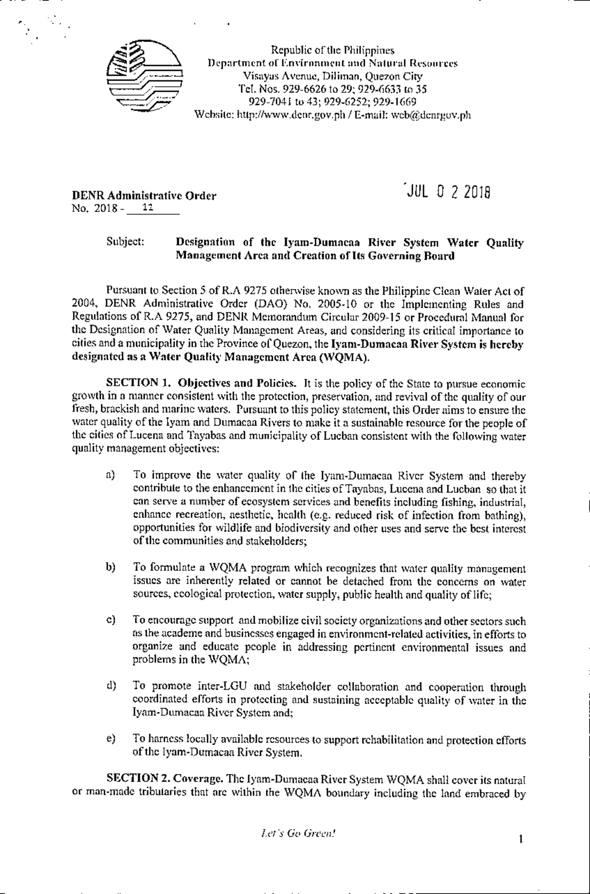 Dao-2018-11 Designation OF THE IYAM- Dumacaa River System Water Quality ...