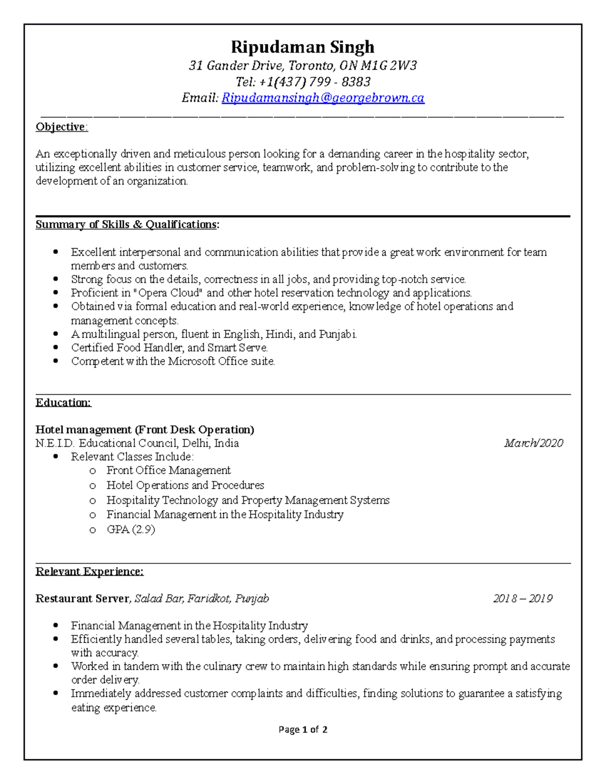 Draft Resume Assignment - STS1037 - George Brown College - Studocu