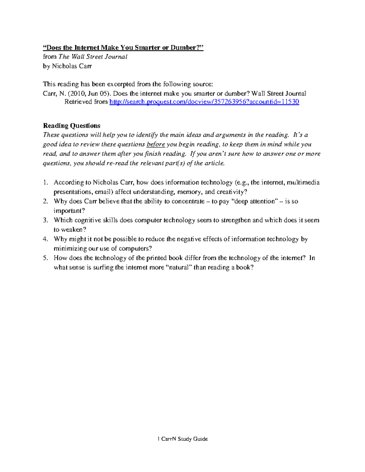Study Guide - 1 CarrN Study Guide “Does the Internet Make You Smarter ...