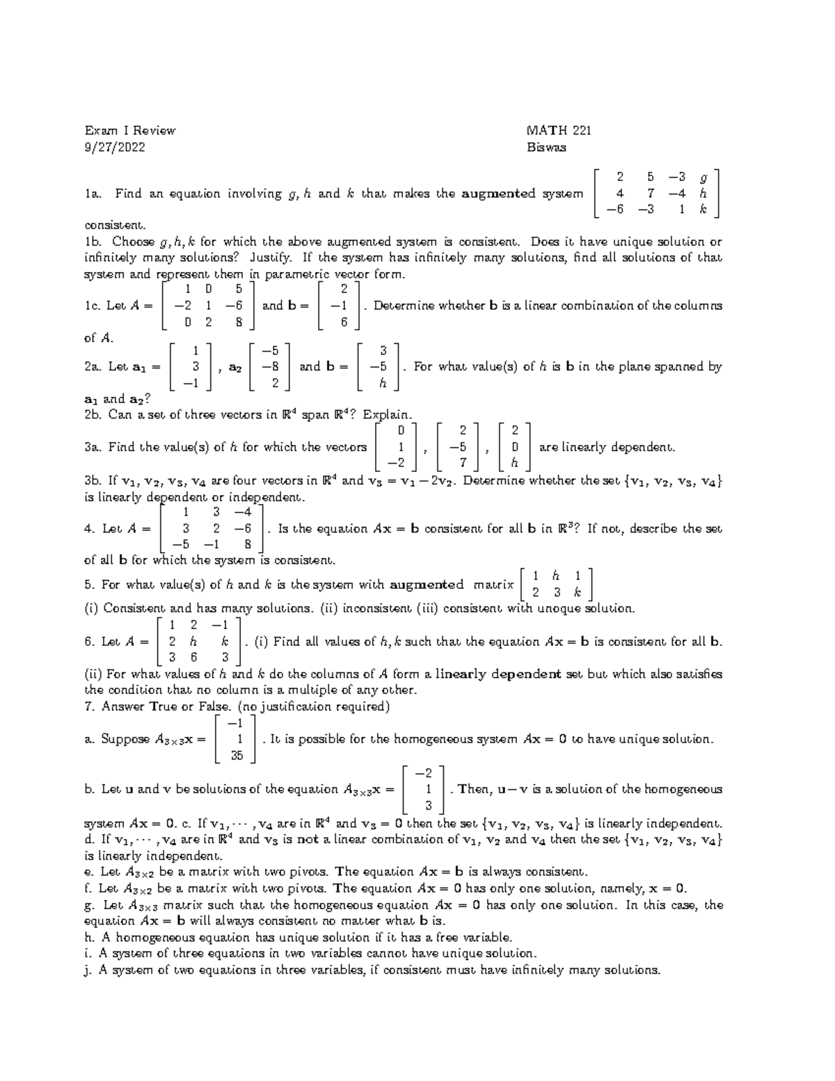 Exam1Review Biswas - This is either lecture notes, discussion, or ...