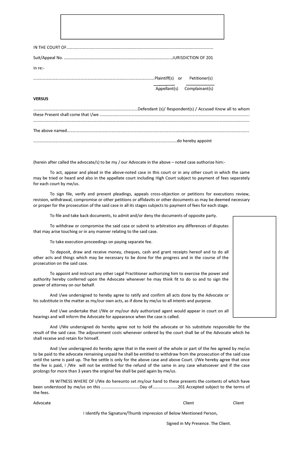 Vakalatnama form - Vakaltnama - IN THE COURT - Studocu