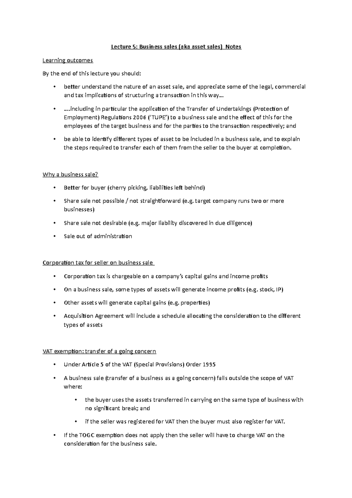 Lecture 5 Notes - Business Sales - Lecture 5: Business sales (aka asset ...