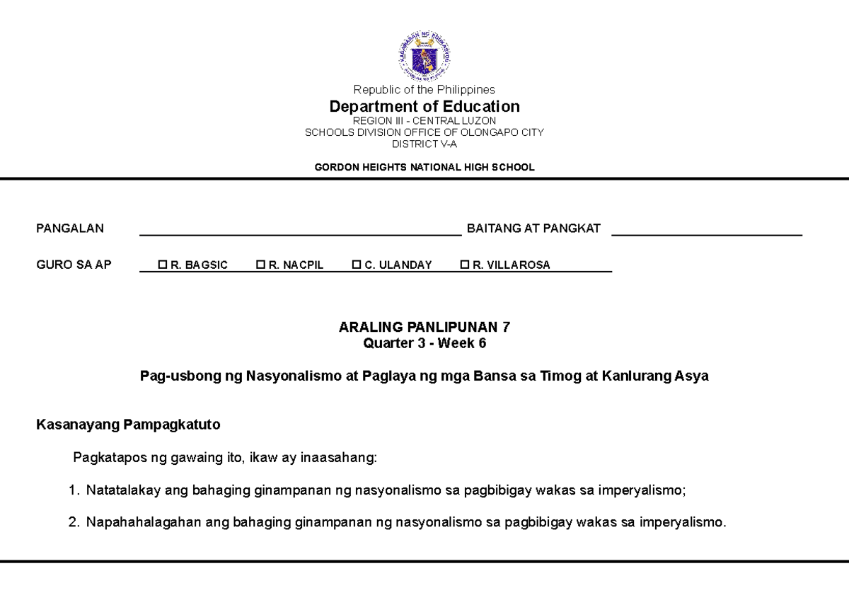 AP7 Learning Activity Sheet - Republic of the Philippines Department of ...