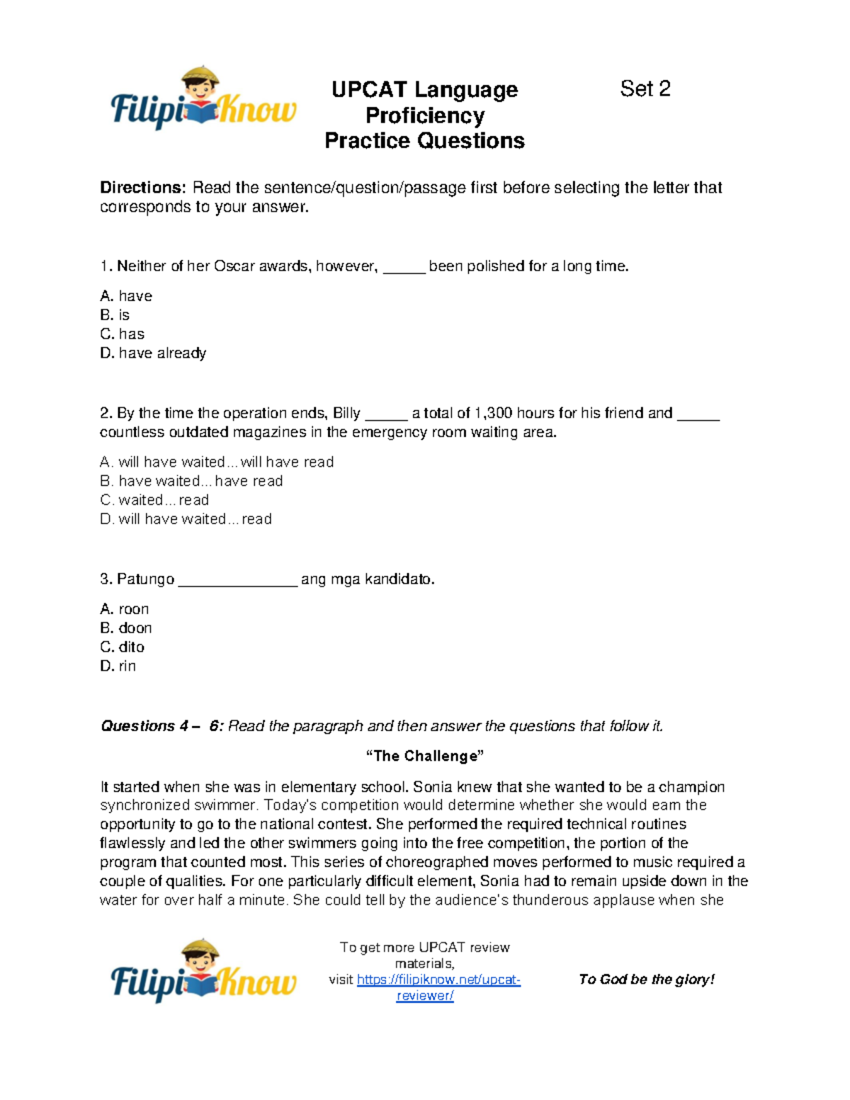 Upcat Language Proficiency Practice Questions Set 2 - english - SPCF ...