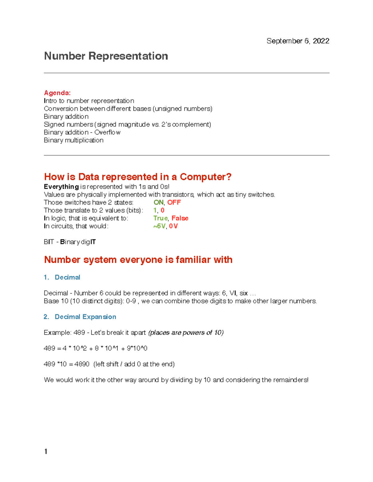L01 - Numbers Representation - Number Representation Agenda: Intro to ...