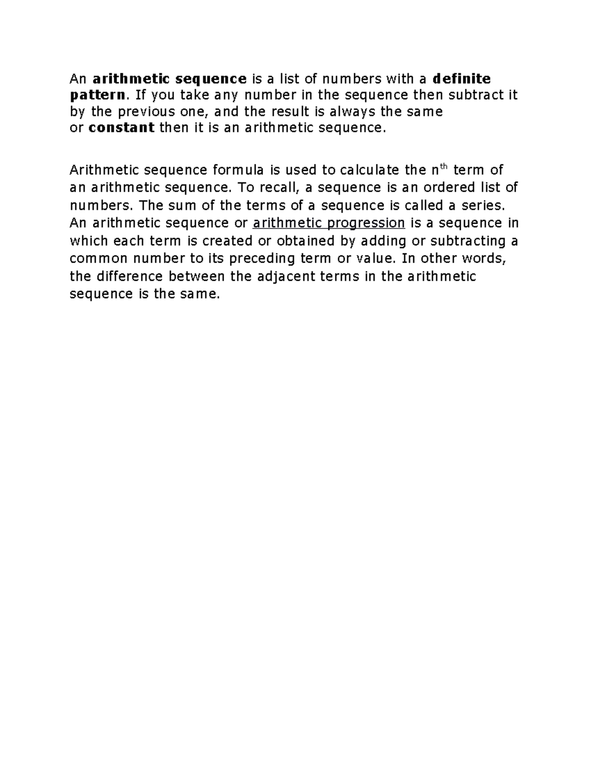 Definition of Arithmetic Sequence or Arithmetic Progression - An ...