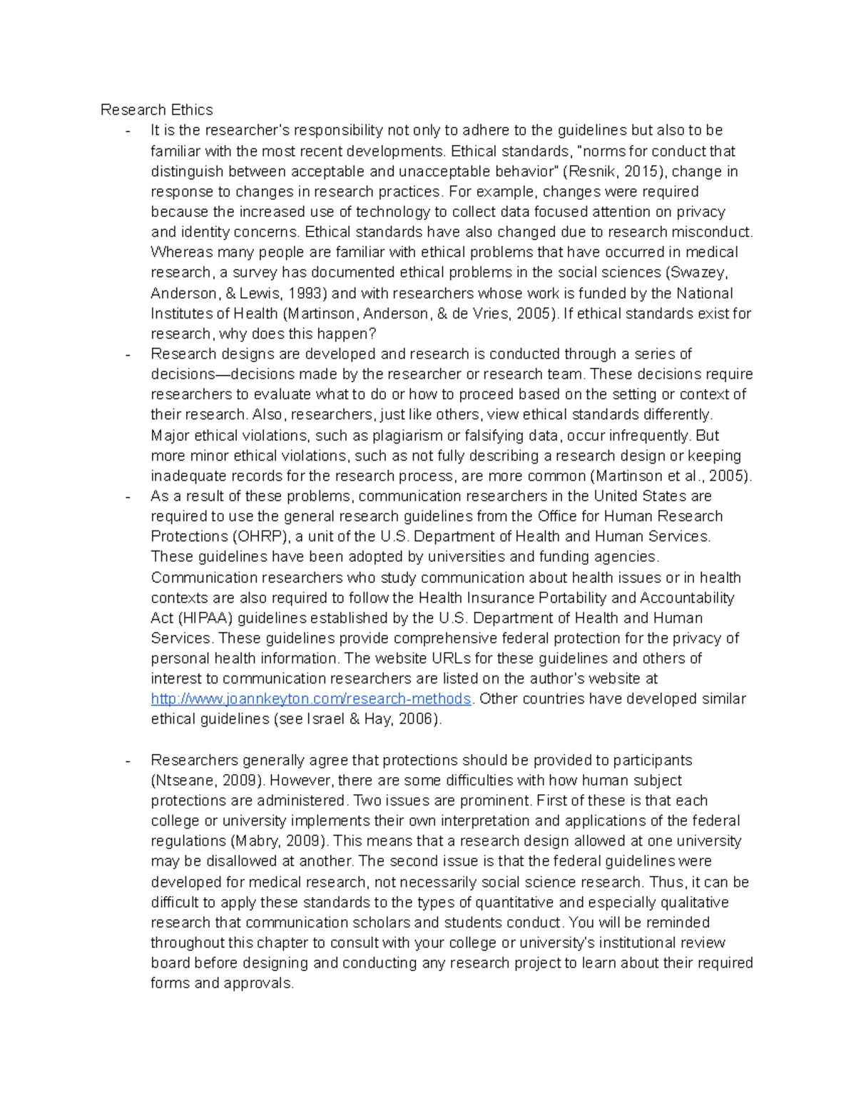 Chapter 3 - Research Ethics - It is the researcher’s responsibility not ...