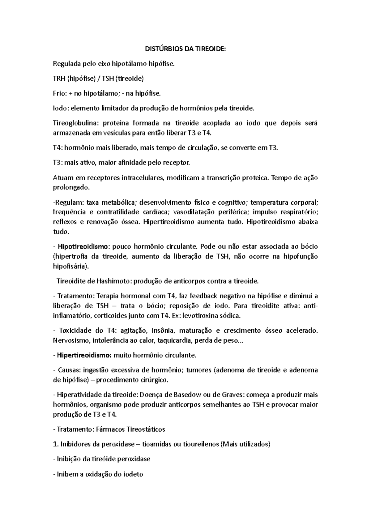 Farmacologia II - Resumo - DA TIREOIDE: Regulada pelo eixo TRH TSH ...