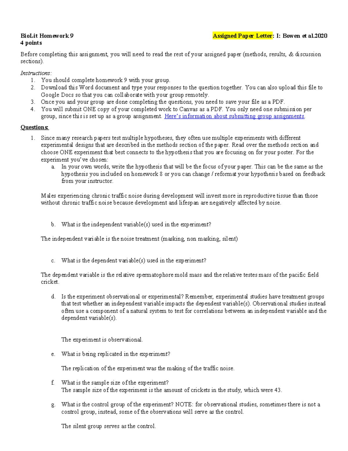 Bio Lit-S24-Homework 9 - BioLit Homework 9 Assigned Paper Letter: I: Bowen et al. 4 points ...
