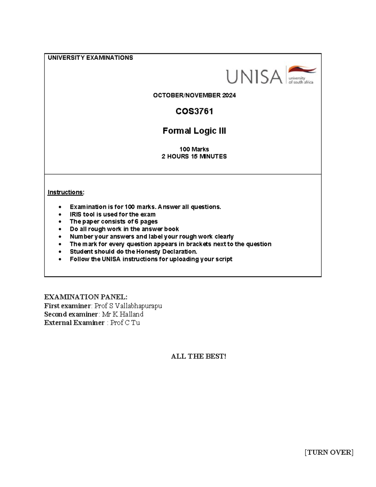 COS3761 Examination-OCT 2024 - UNIVERSITY EXAMINATIONS OCTOBER/NOVEMBER 2024 COS Formal Logic ...