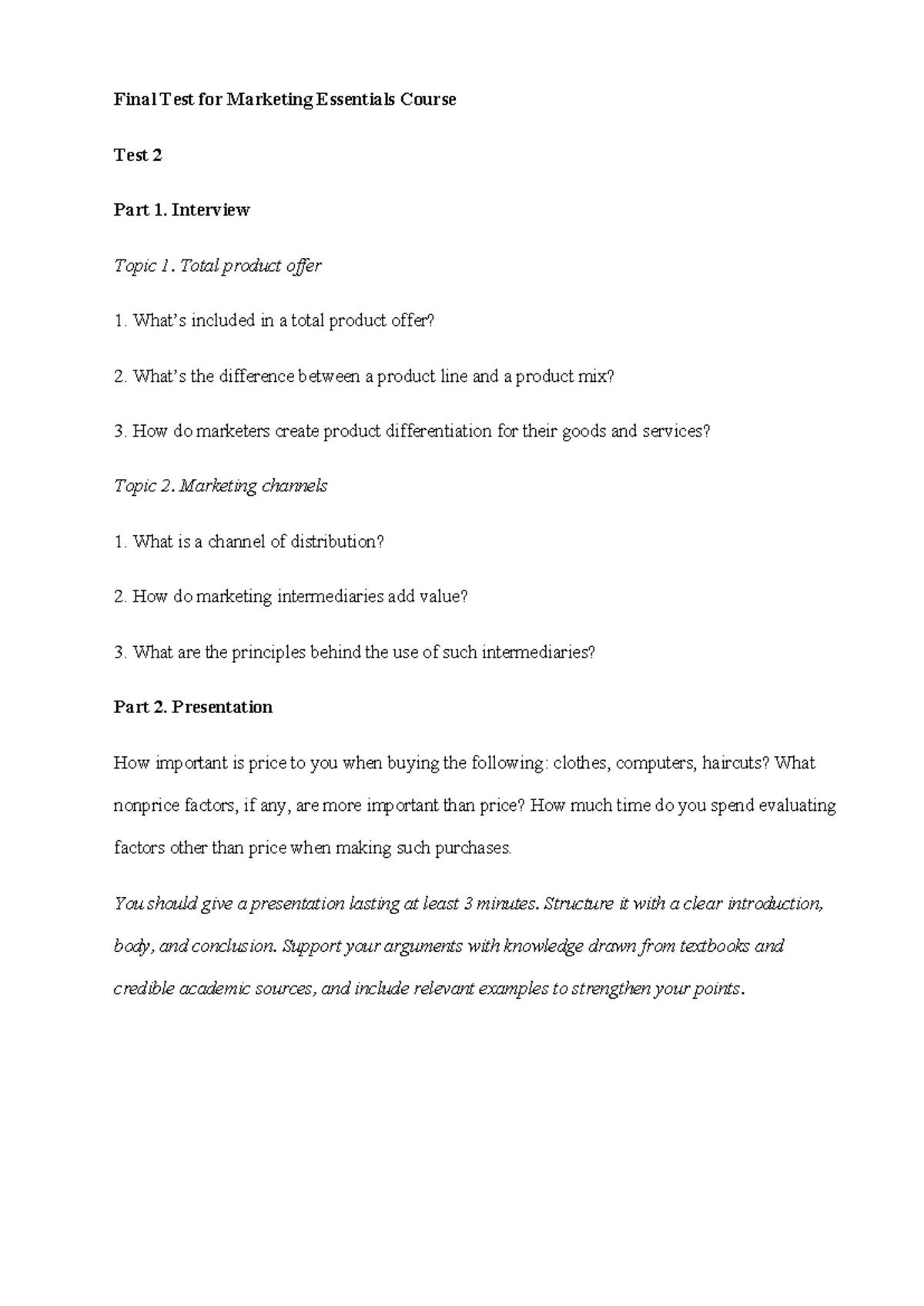 Marketing Essentials. Final test 2 - Final Test for Marketing ...