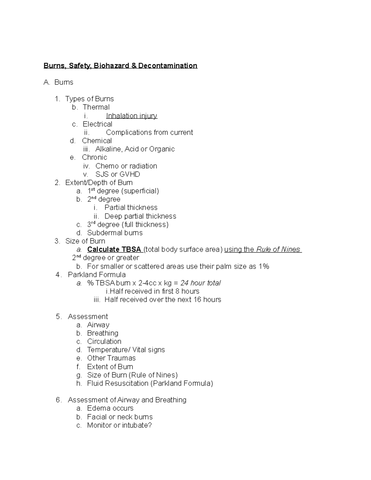 Burn Safety Decon Outline - Burns, Safety, Biohazard & Decontamination ...