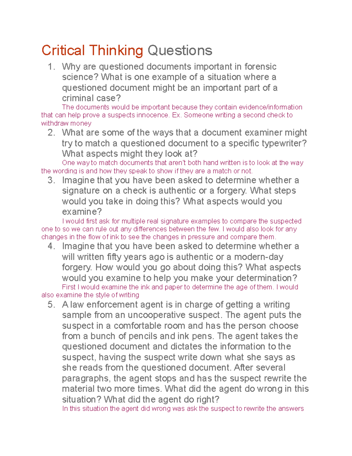 Unit 3 critical thinking - Critical Thinking Questions 1. Why are ...