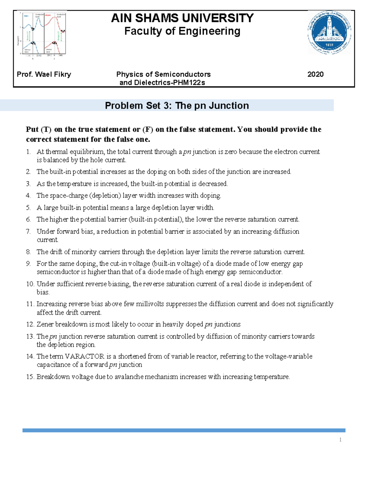Problem Set 3 Semiconductors 2020 - 1 Problem Set 3: The pn Junction ...