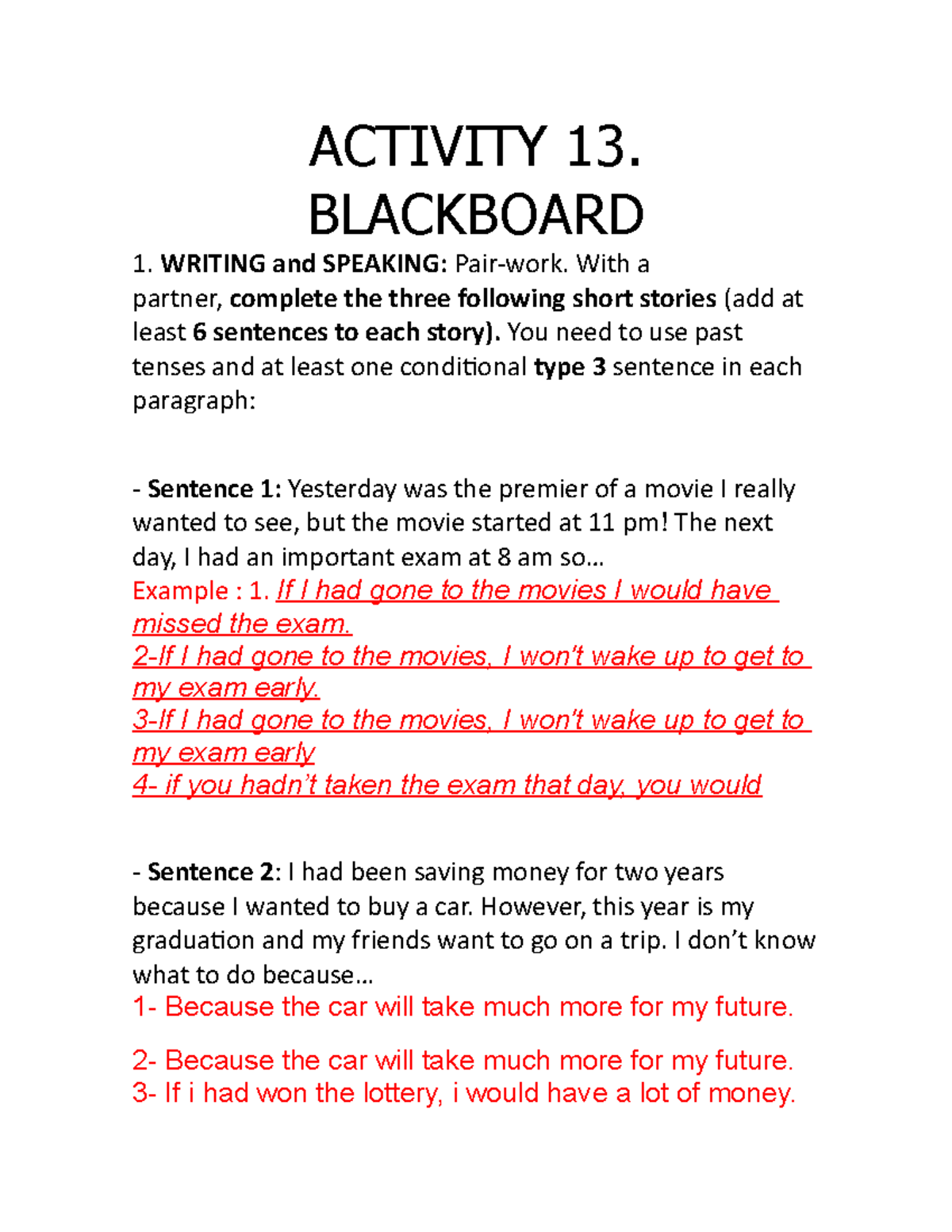 Actividad 13 - ACTIVITY 13. BLACKBOARD 1. WRITING and SPEAKING: Pair ...
