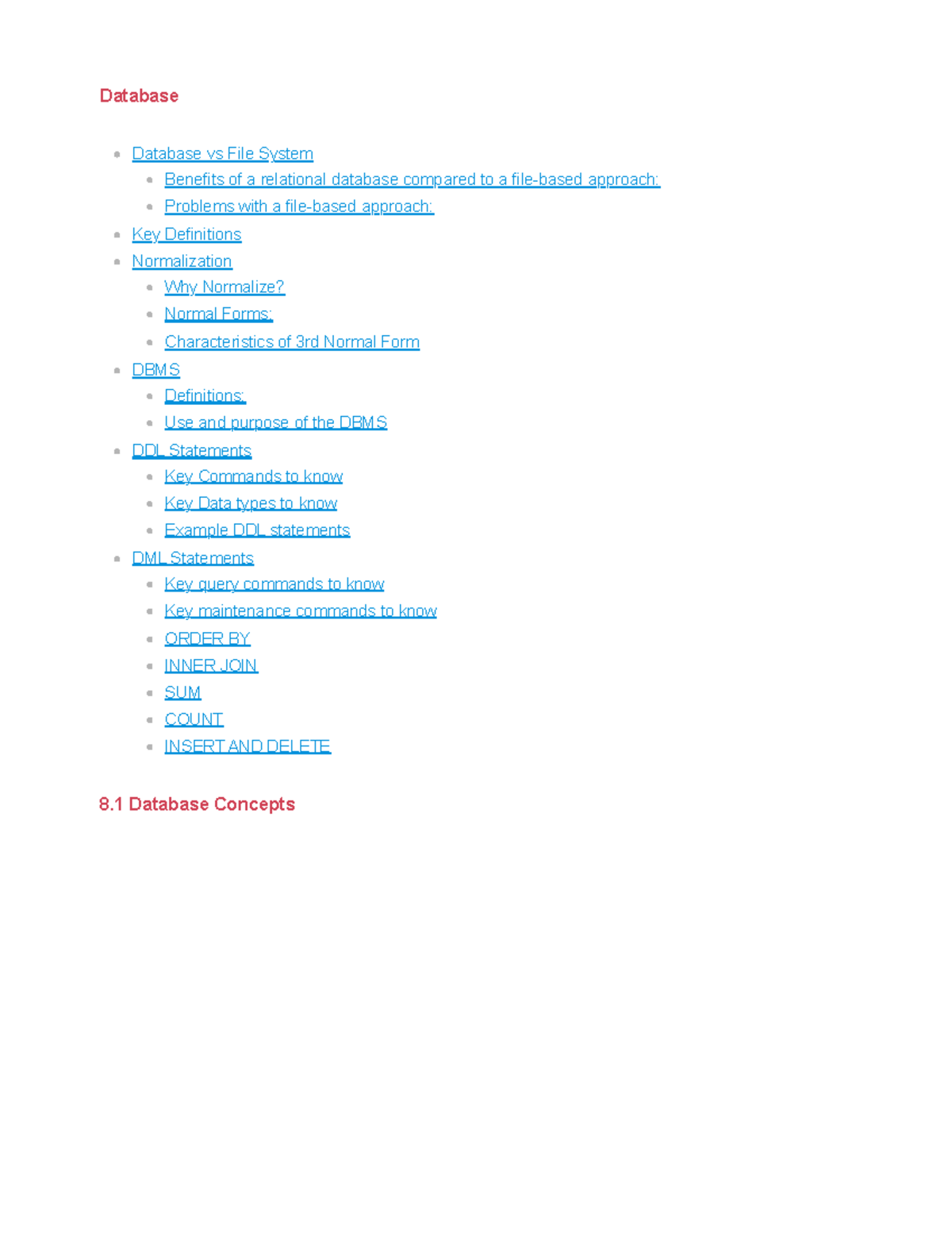9618 CS - Database Summary - Database 8 Database Concepts Database vs File System Benefits of a ...