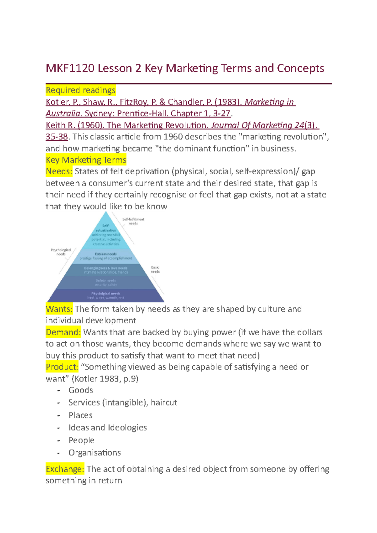 MKF1120 Lesson 2 Key Marketing Terms and Concepts - MKF1120 Lesson 2 ...
