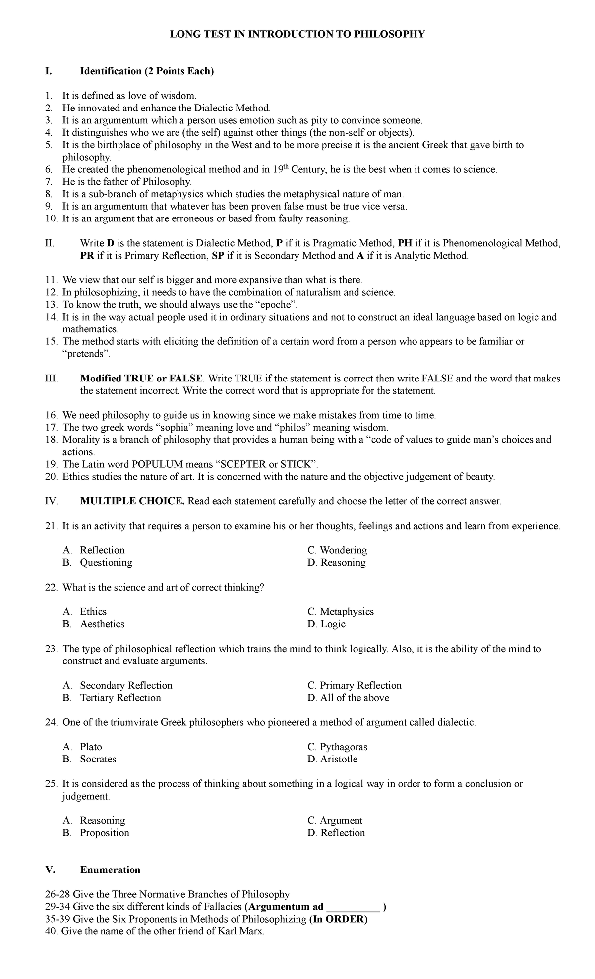 LONG TEST IN Introduction TO Philosophy - LONG TEST IN INTRODUCTION TO ...