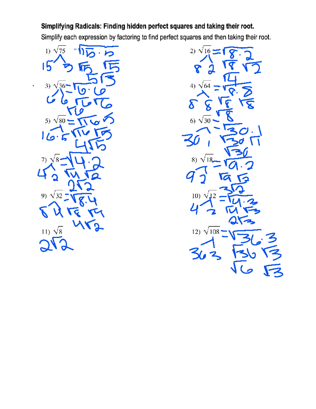 Simplifying Radicals Practice - Studocu