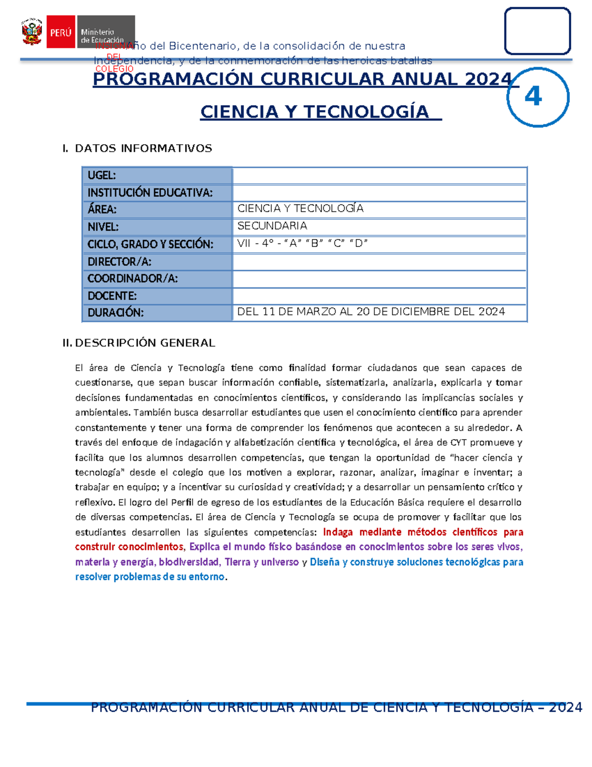 CYT 4° - Programación Curricular Anual - “Año del Bicentenario, de la consolidación de nuestra ...