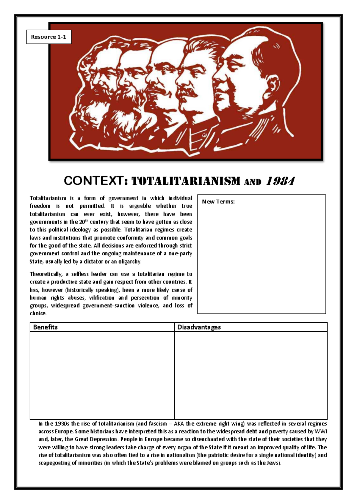 George Orwell Worksheet - CONTEXT: totalitarianism and 1984 ...