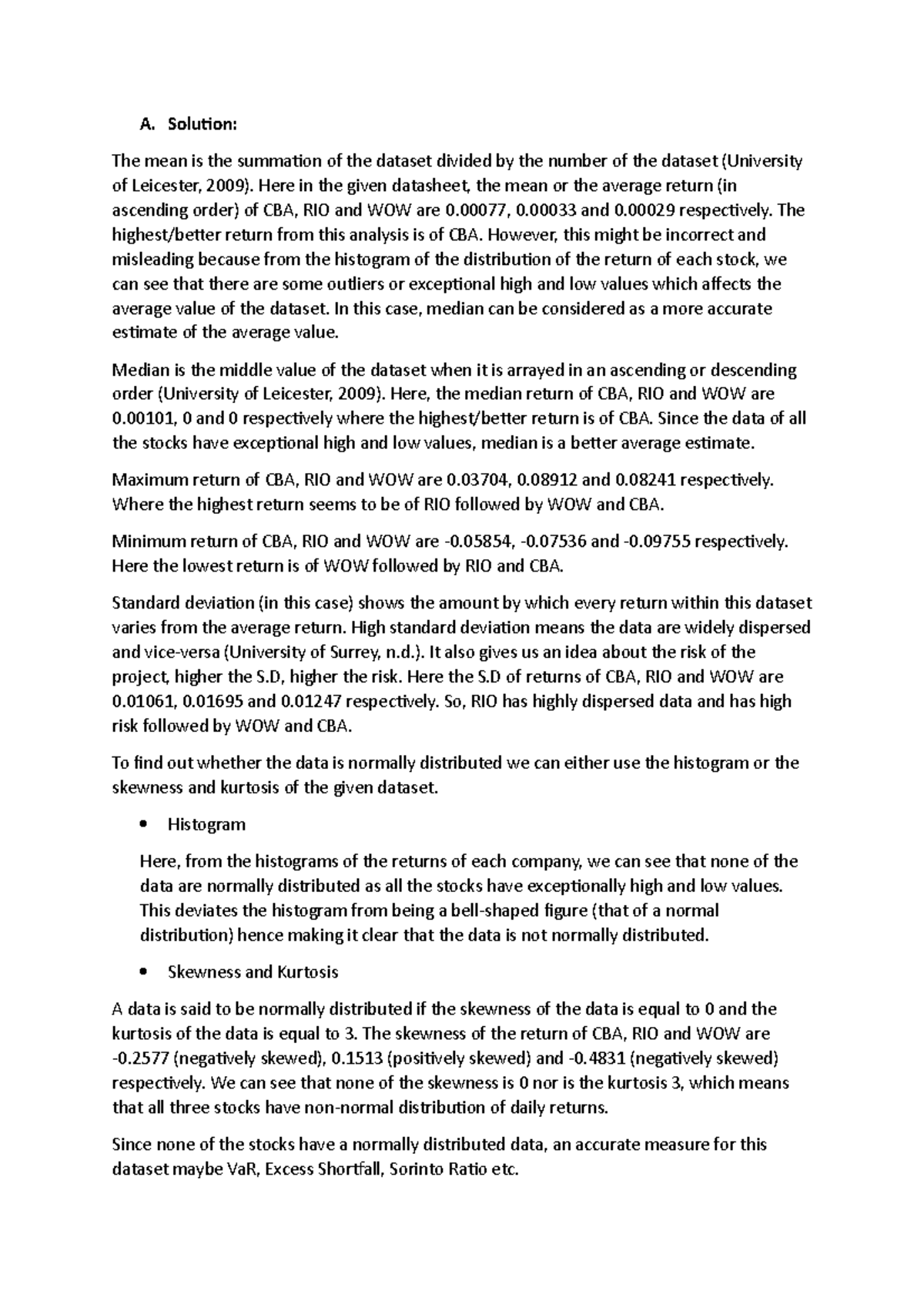 BAFN individual assessment - A. Solution: The mean is the summation of ...