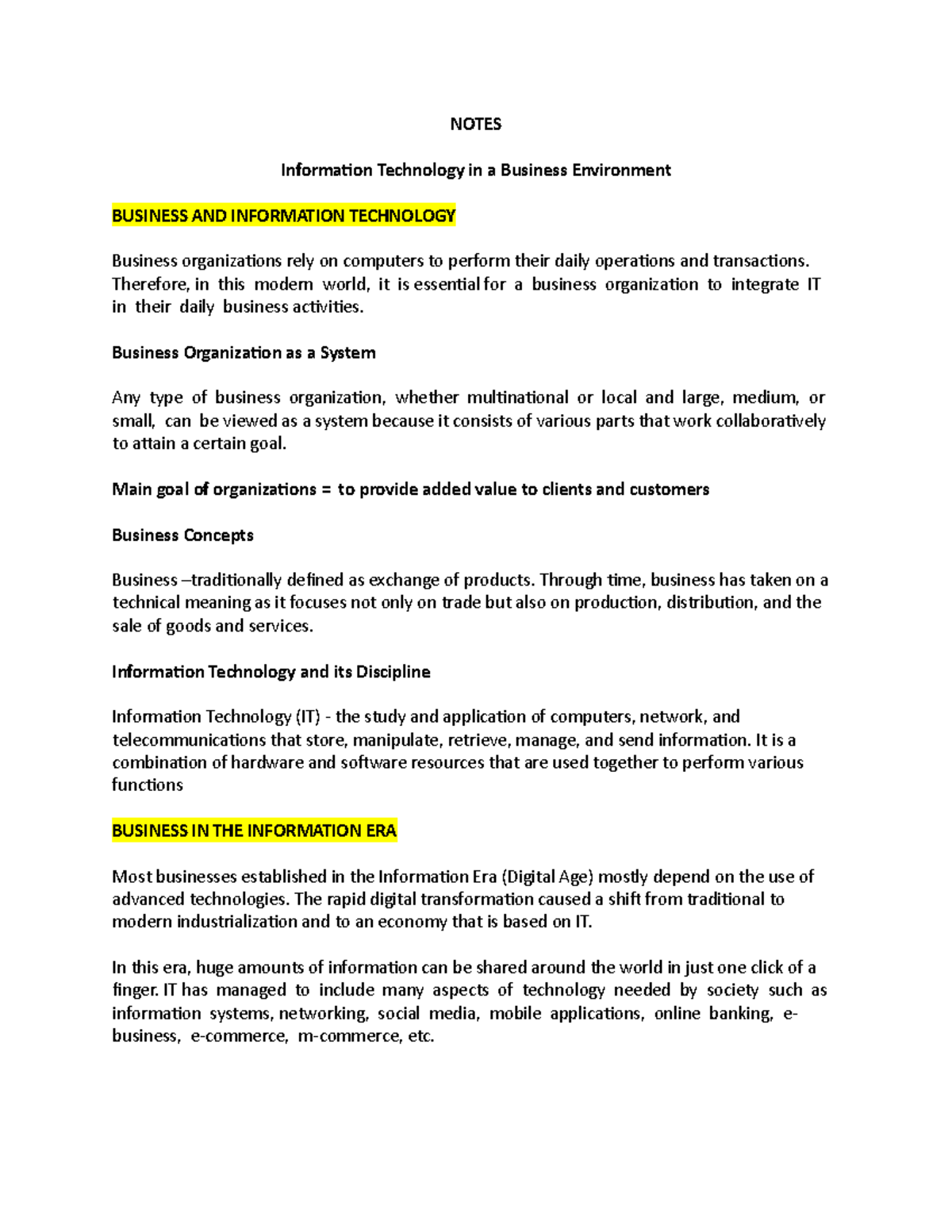 Information Technology in a Business Environment Notes - NOTES ...