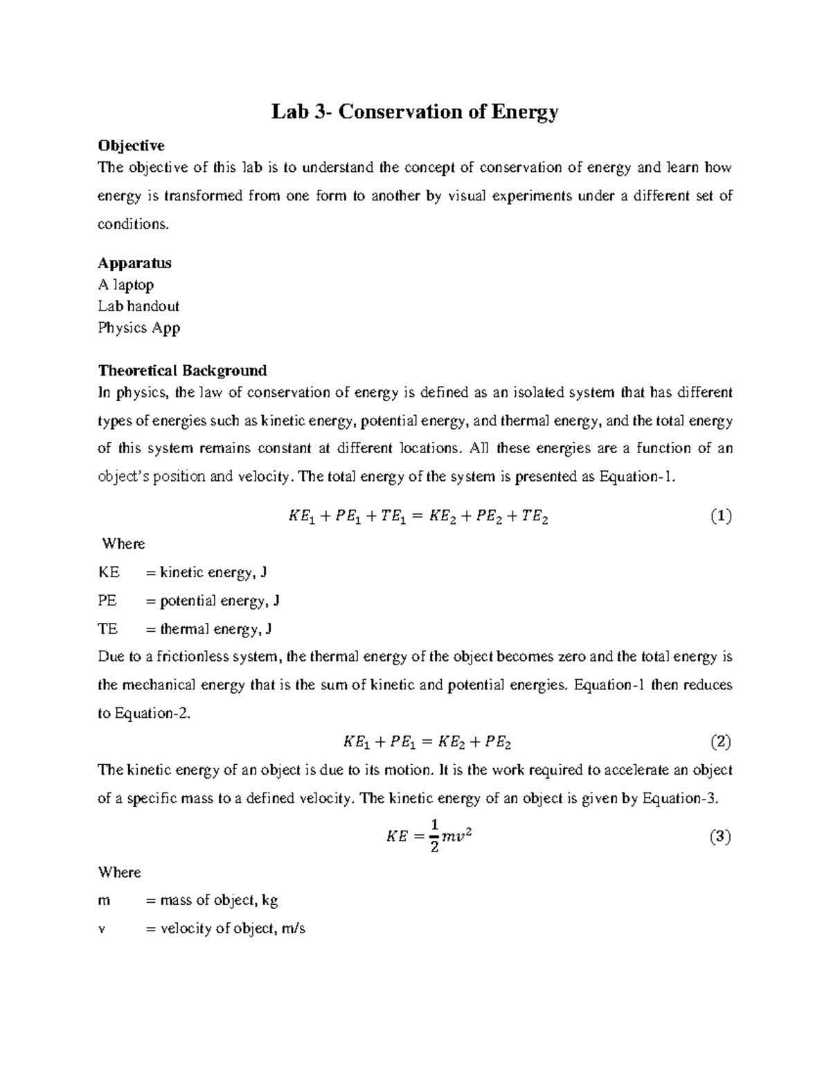Lab Report Conservation of Energy - Lab 3- Conservation of Energy ...