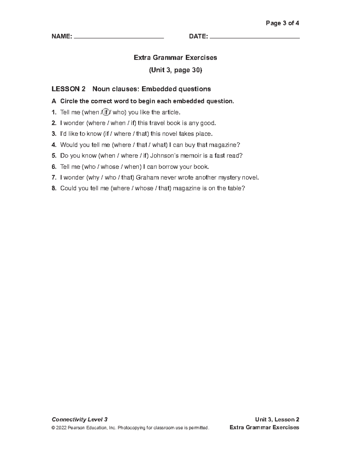 CTY3 Extra Grammar Exercises Unit 3 (1) - NAME: DATE: Connectivity ...