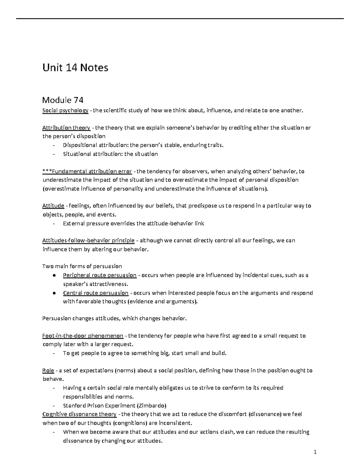 Unit 14 Notes Social Psychology - Unit 14 Notes Module 74 Social ...
