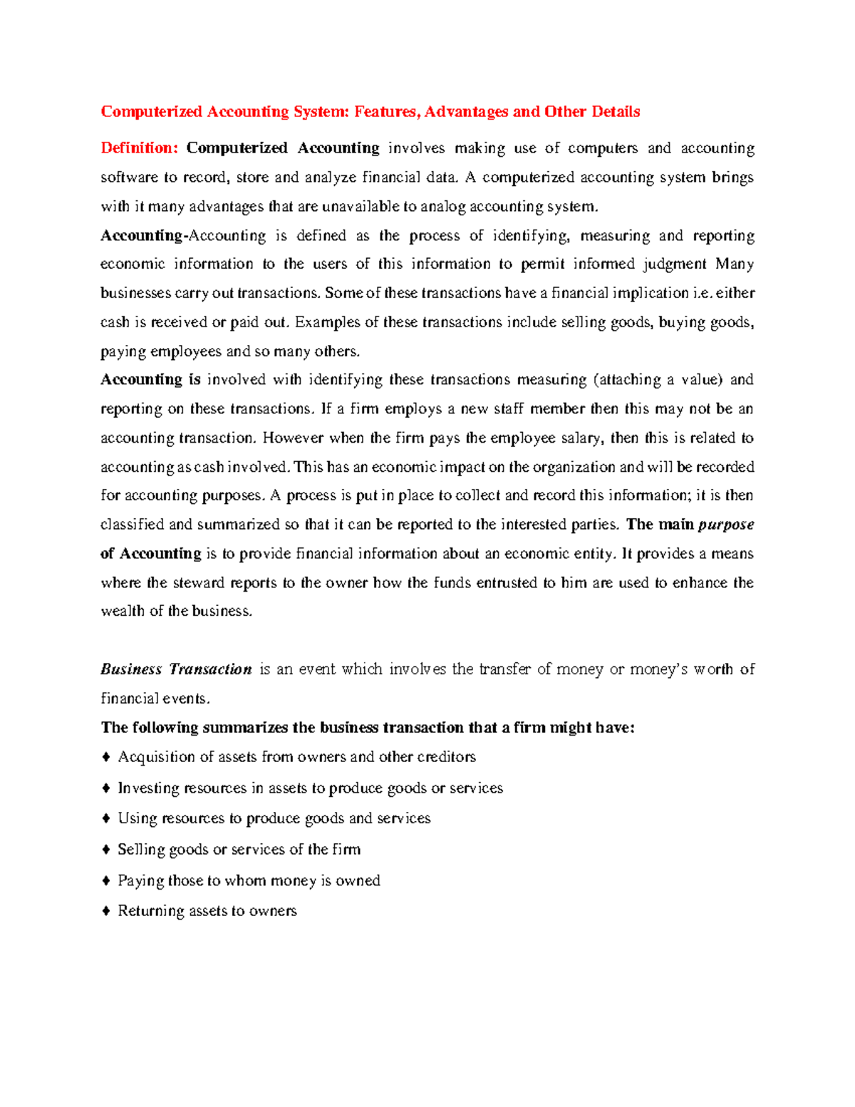Computerized Accounting System Introduction notes - Computerized ...