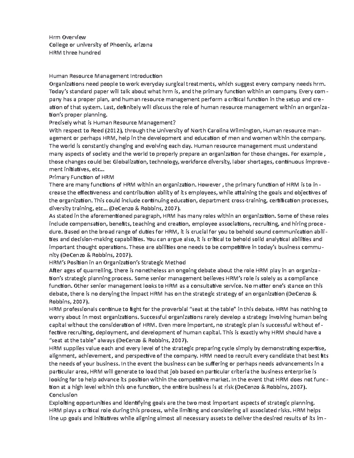 HRM 300 Human Resource Management Overview 1 - Hrm Overview College or ...