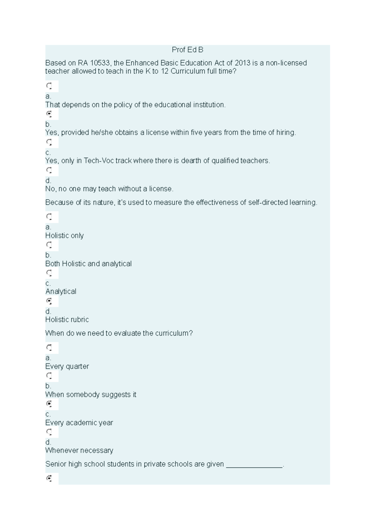 Prof Ed B - prof ed B - Prof Ed B Based on RA 10533, the Enhanced Basic ...