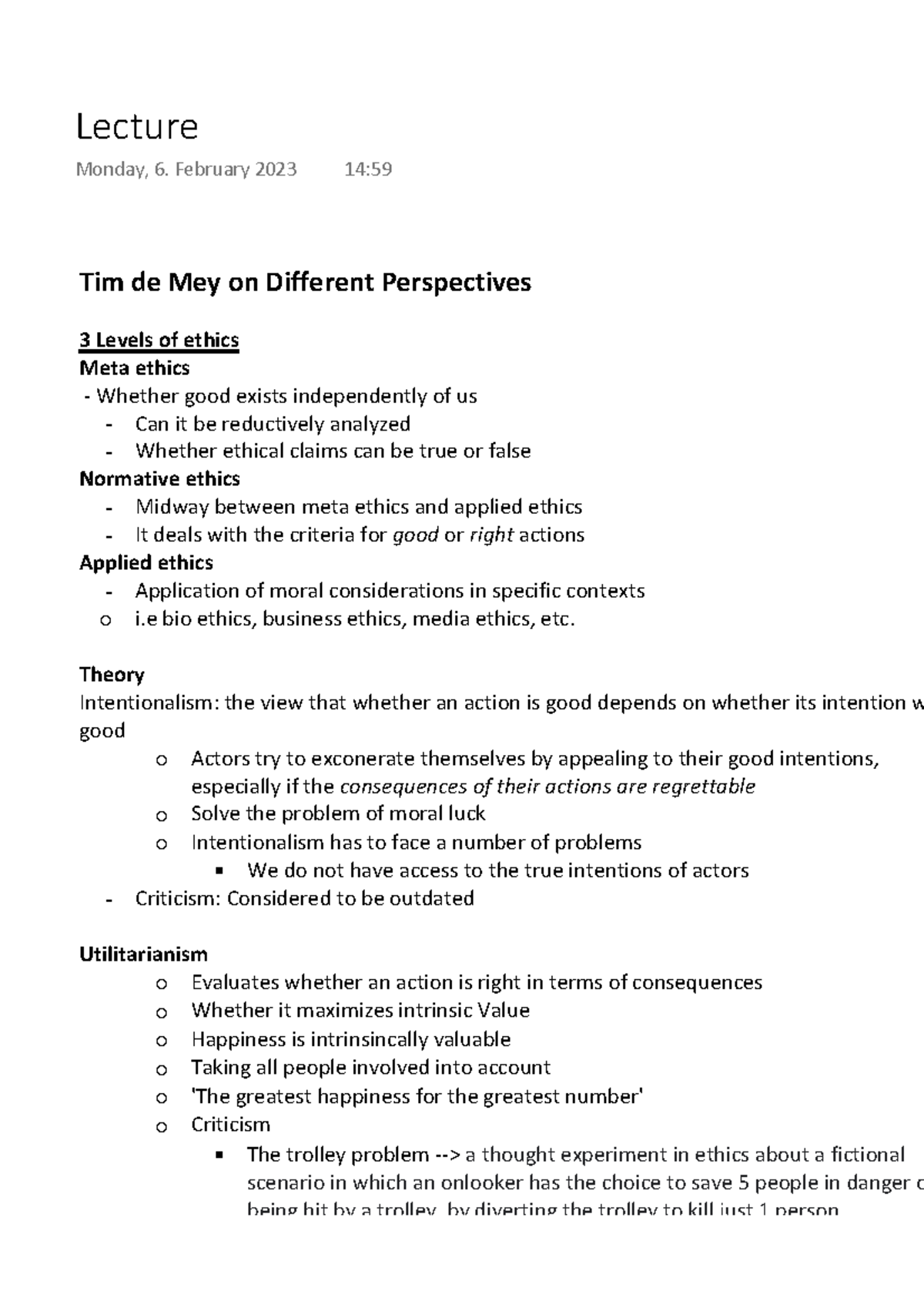 Lecture - Tim de Mey on Different Perspectives 3 Levels of ethics Meta ...