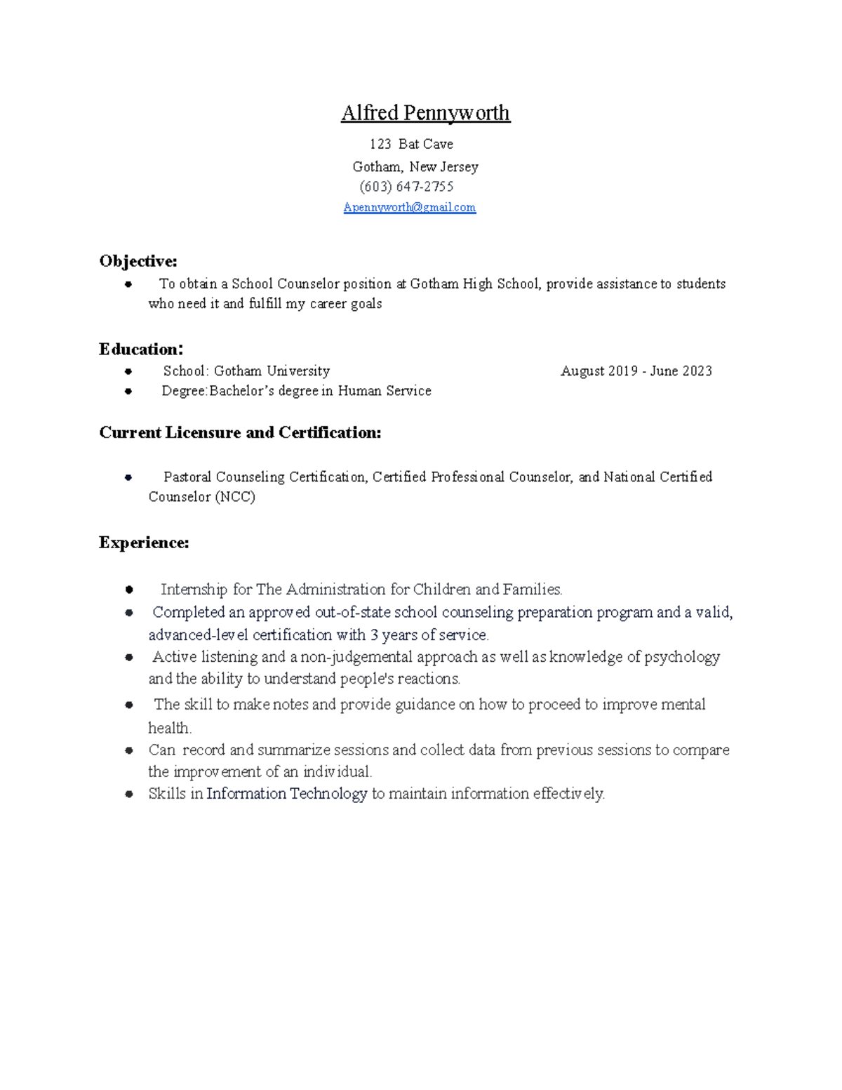 Copy of Resume - good stuff - Alfred Pennyworth 123 Bat Cave Gotham ...